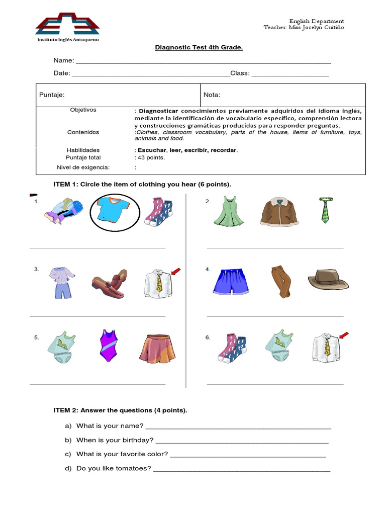 Diagnostic Test 4th Grade | PDF