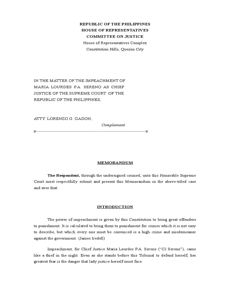 Memorandum On Sereno Impeachment Case 1 | PDF | Impeachment | Supreme ...