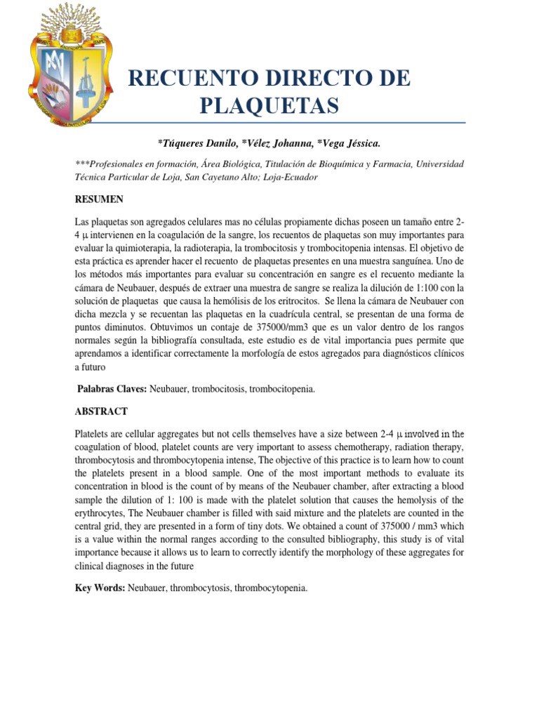 Recuento Directo de Plaquetas Informe | PDF | Plaqueta | Hemostasia Recuento Directo de Plaquetas Informe | PDF | Plaqueta | Hemostasia