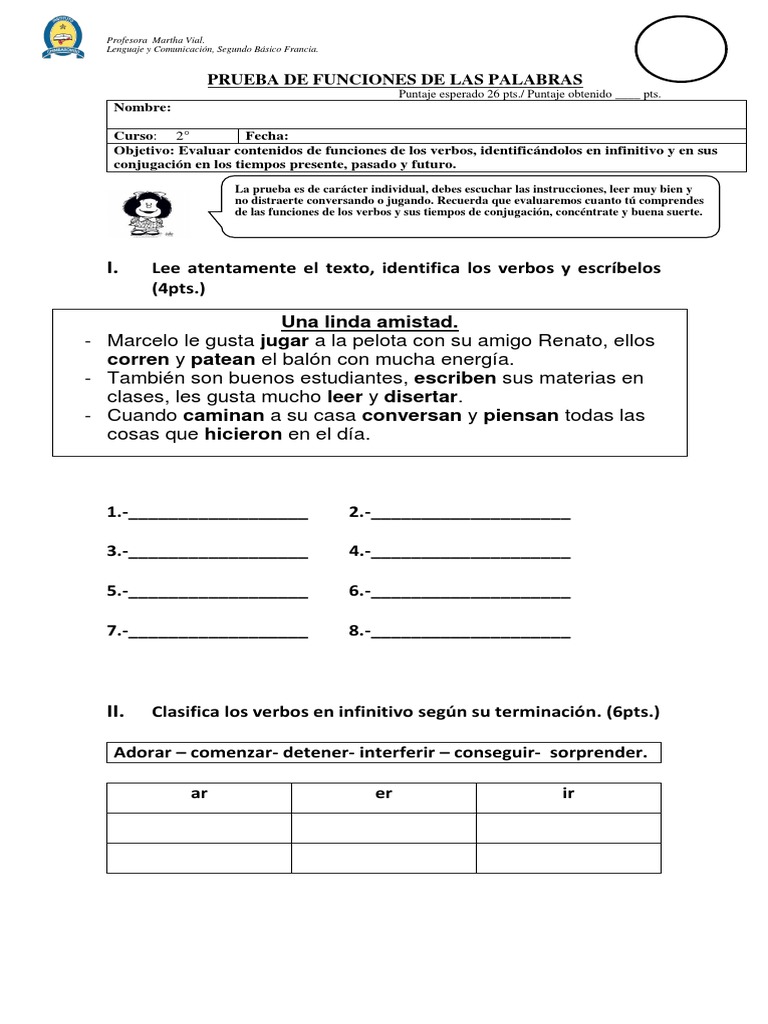 Prueba de Verbos para Segundo Básico | PDF | Verbo | Lingüística