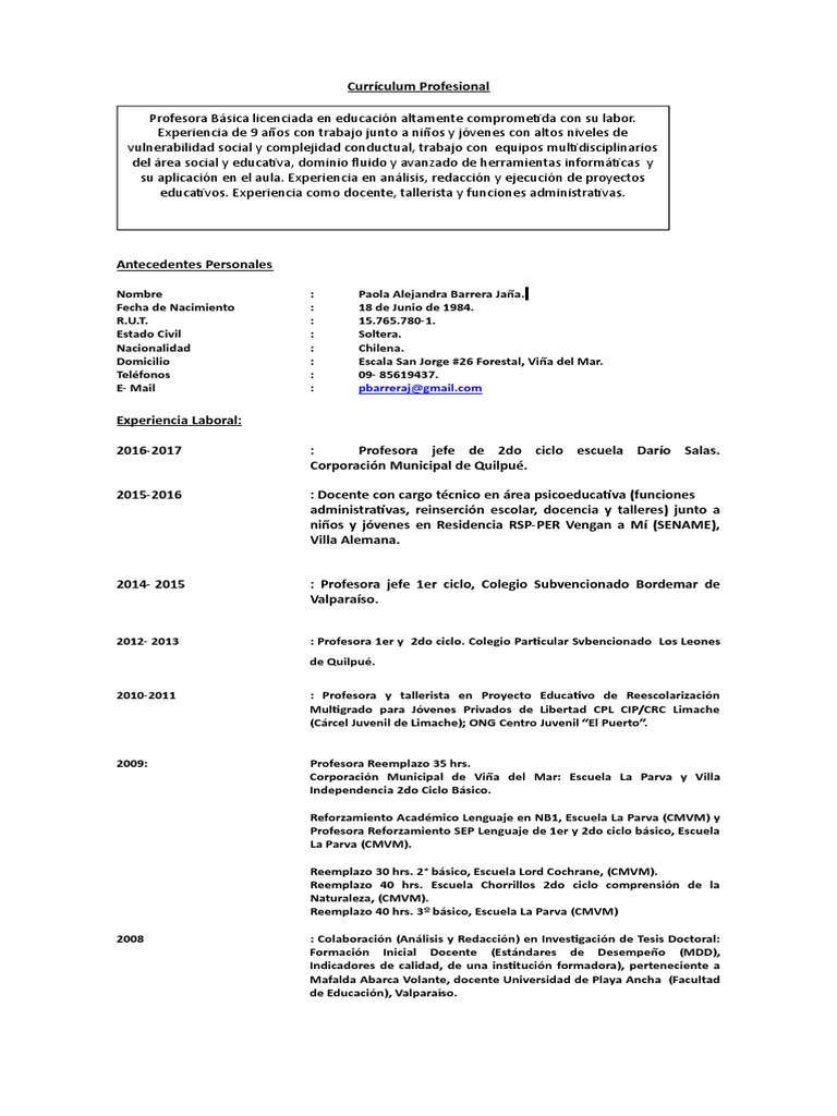 Currículum Vitae Profesional 2017 PAOLA | PDF | Maestros | Educación primaria