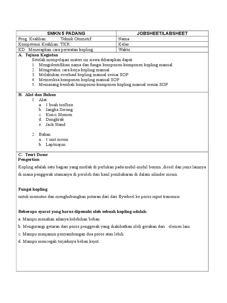 Format Jobsheet - Kopling | PDF