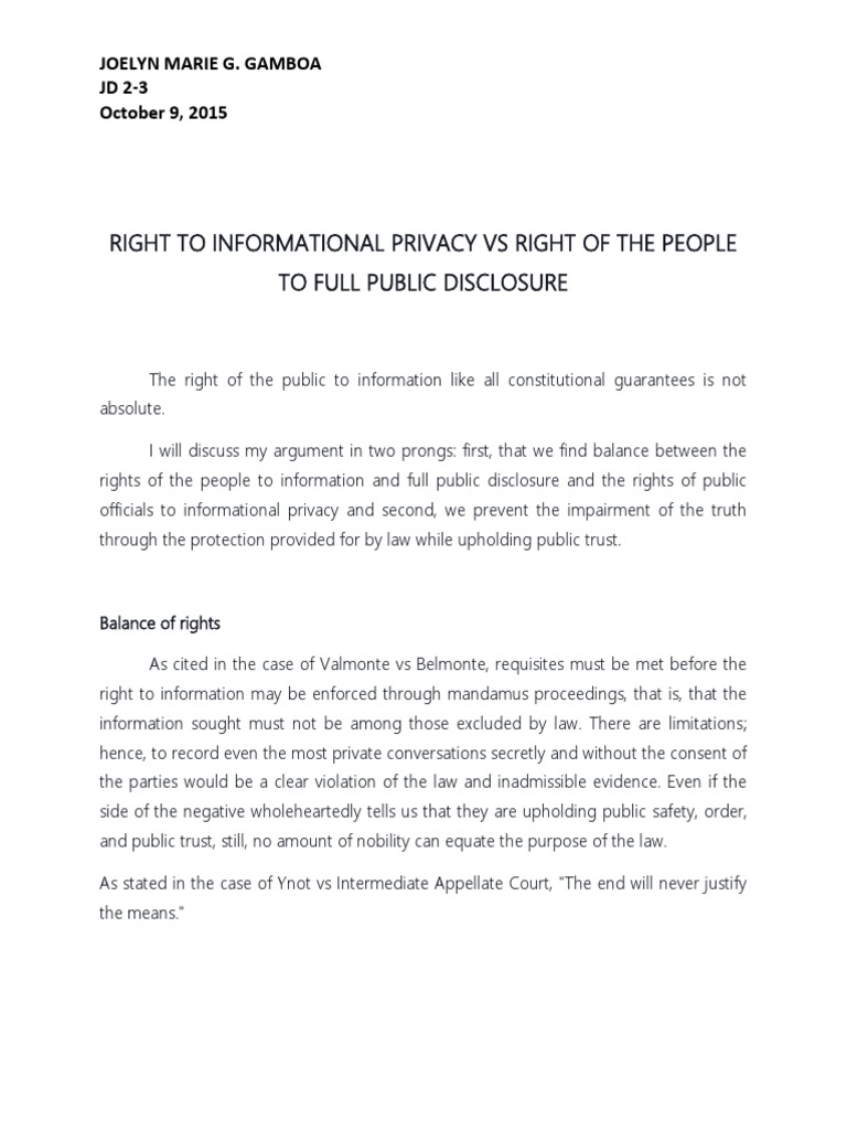 Right To Informational Privacy Vs Right of The People To Full Public ...