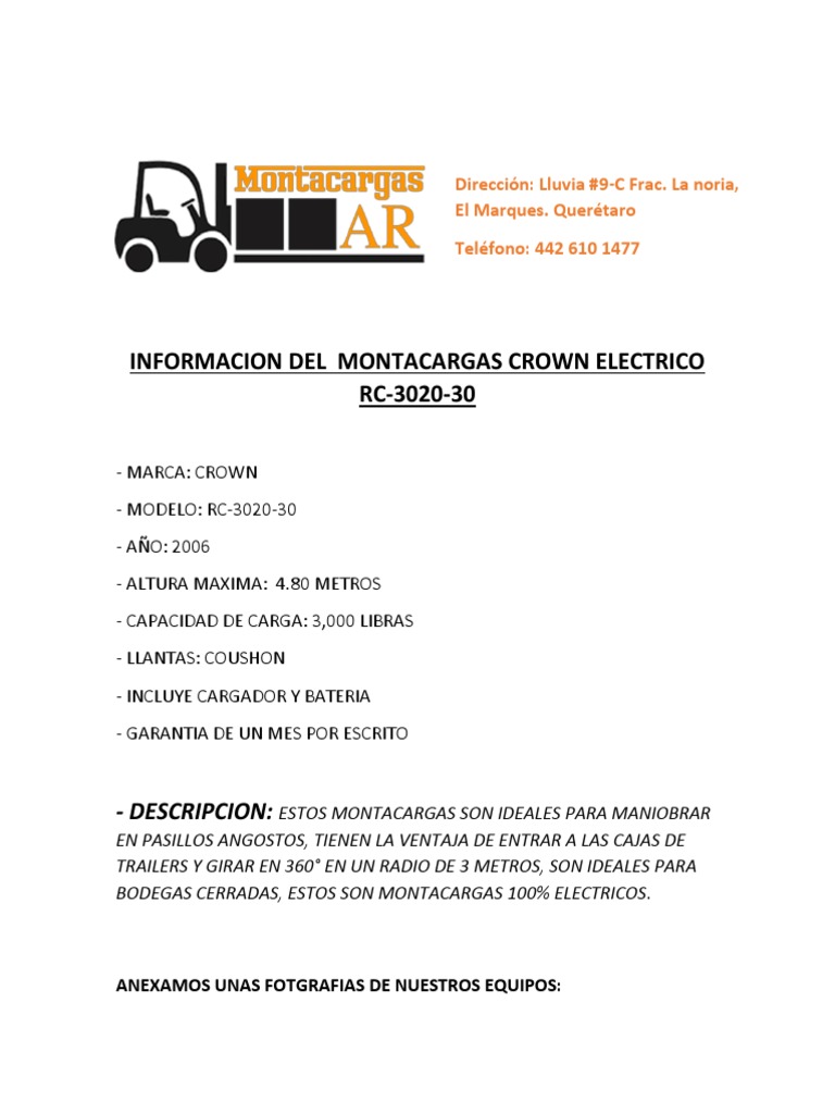 Montacargas Crown RC-3020-30 Eléctrico | PDF