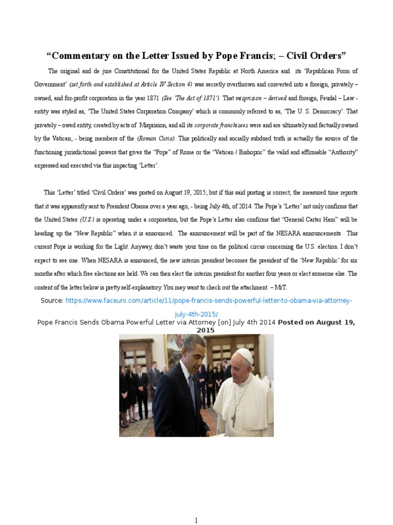 Pope's Letter to Obama | United States Marshals Service | Presidents Of ...