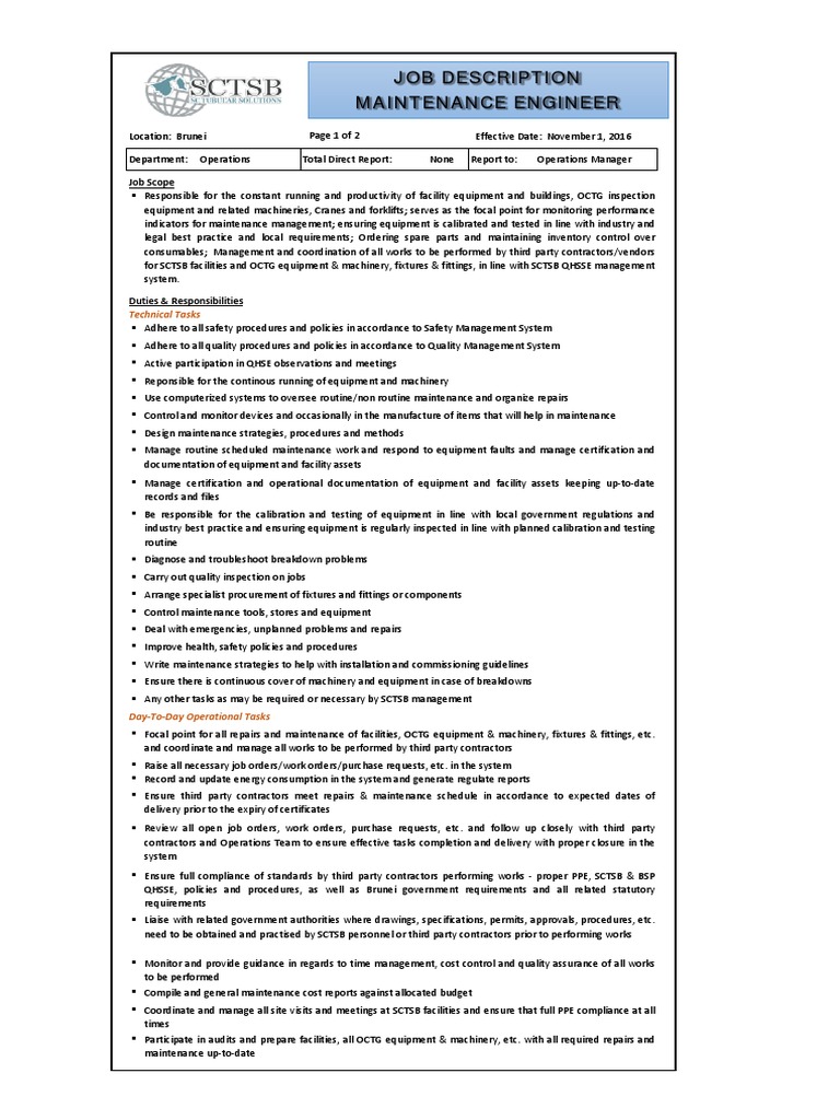 MAINTENANCE ENGINEER JOB DESCRIPTION | PDF | Operations Management ...