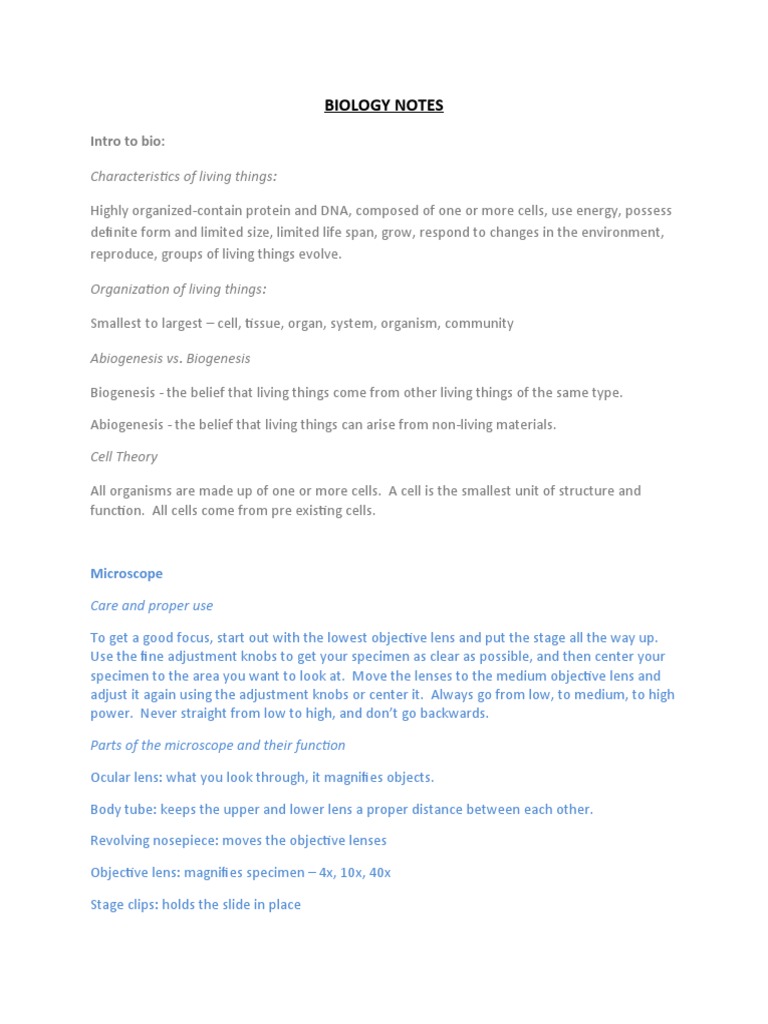 Biology Notes: Intro To Bio | PDF | Cell (Biology) | Cell Nucleus