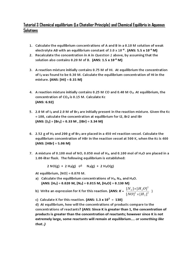 Tutorial 3 Chemical Equilibrium - With Answer | PDF | Chemical ...