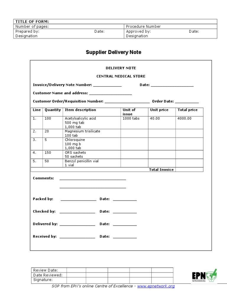 Supplier Delivery Note - Form | PDF