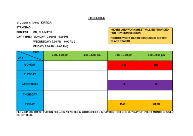 Timetable: Notes and Worksheet Will Be Provided | PDF