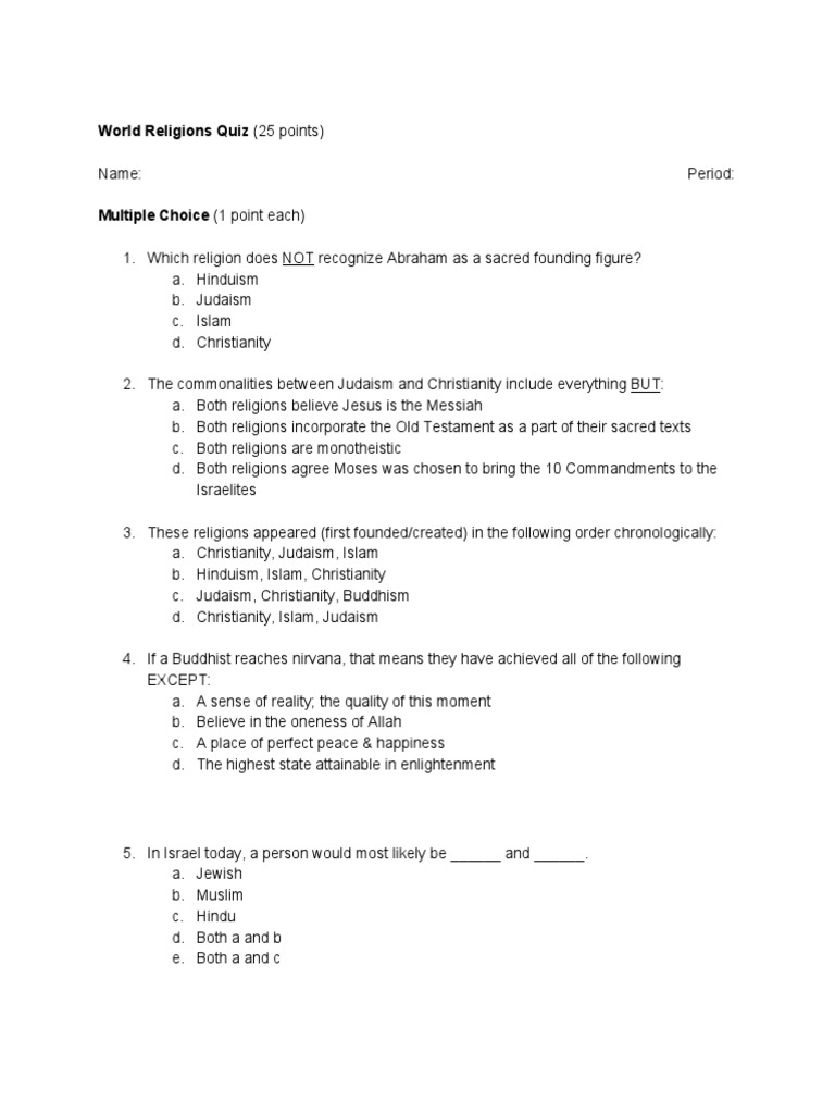 World Religions Quiz | PDF | Monotheism | Monotheistic Religions