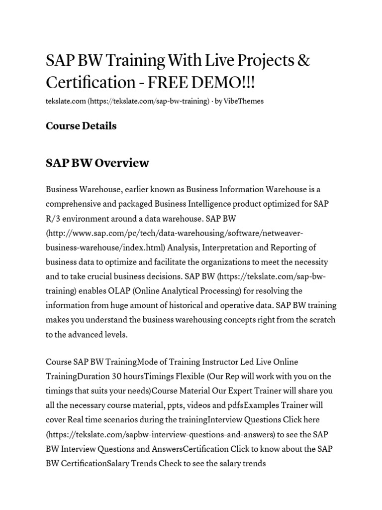 SAP BW Training With Live Projects & Certification - FREE DEMO!!! | PDF ...