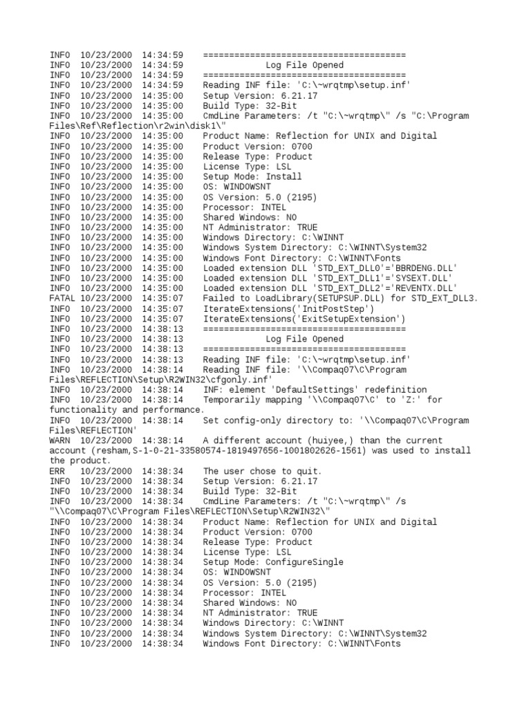 Reflection for UNIX and Digital Setup Logs Detailing Installation Attempts and Configuration on ...