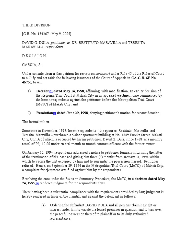 GR No. 134267 David Dula V Maravilla | PDF | Lease | Judgment (Law)