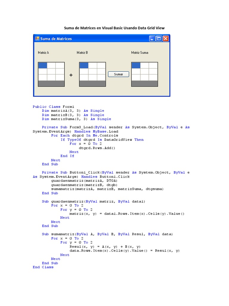 Suma de Matrices en Visual Basic Usando Data Grid View | PDF