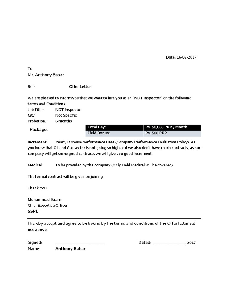 Anthony Babar Offer Letter | PDF