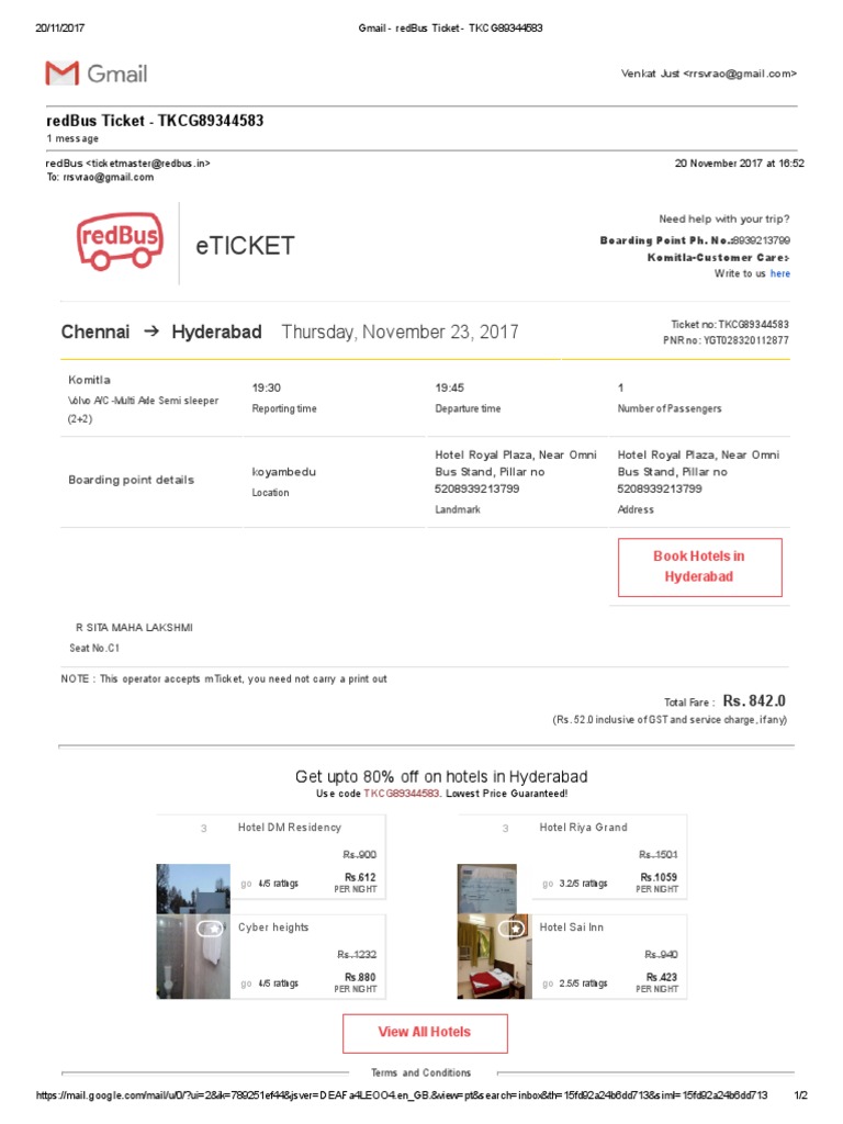 Mummy Ticket RedBus Ticket - TKCG89344583 | PDF | Ticket (Admission) | Baggage