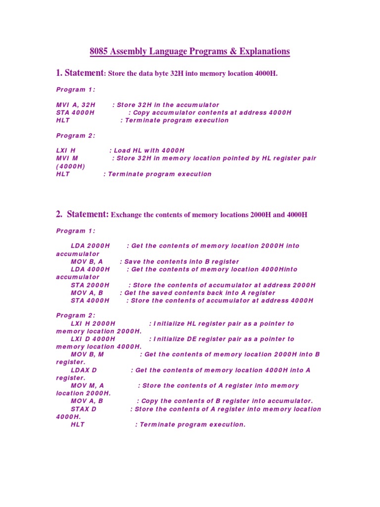 8085 Assembly Language Programs Explanations 1 PDF | PDF | Pointer (Computer Programming ...