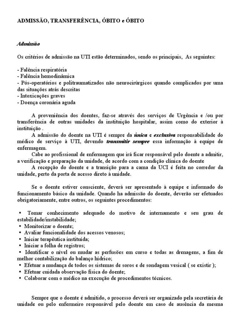 Admissão, Transferencia e Obito | PDF | Unidade de Tratamento Intensivo ...