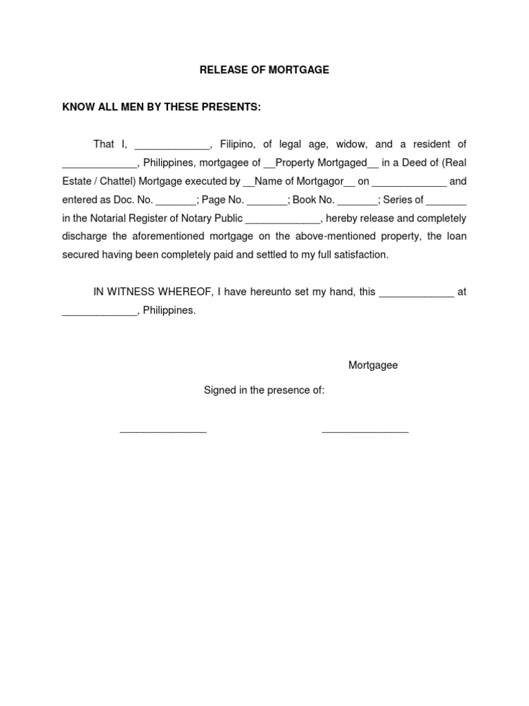 Deed of Release of Mortgage