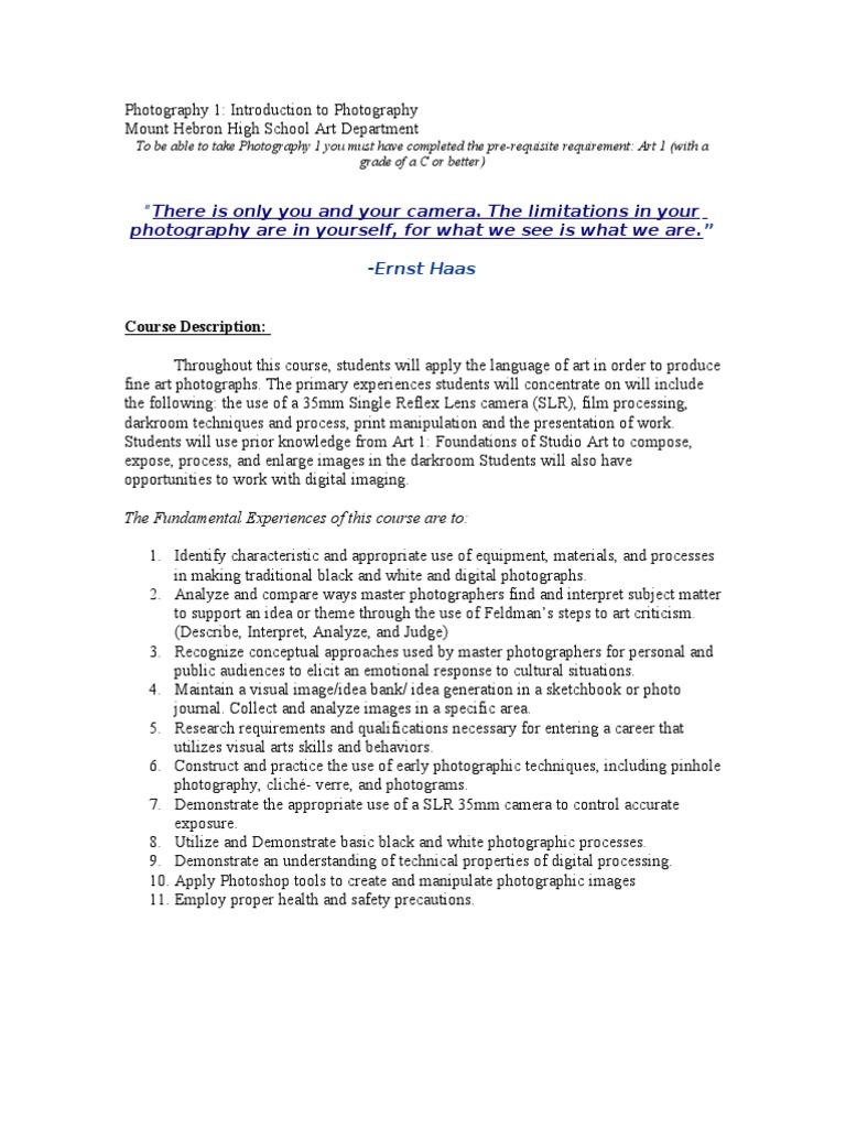 Photography 1 MHHS Syllabus | PDF | Homework | Camera