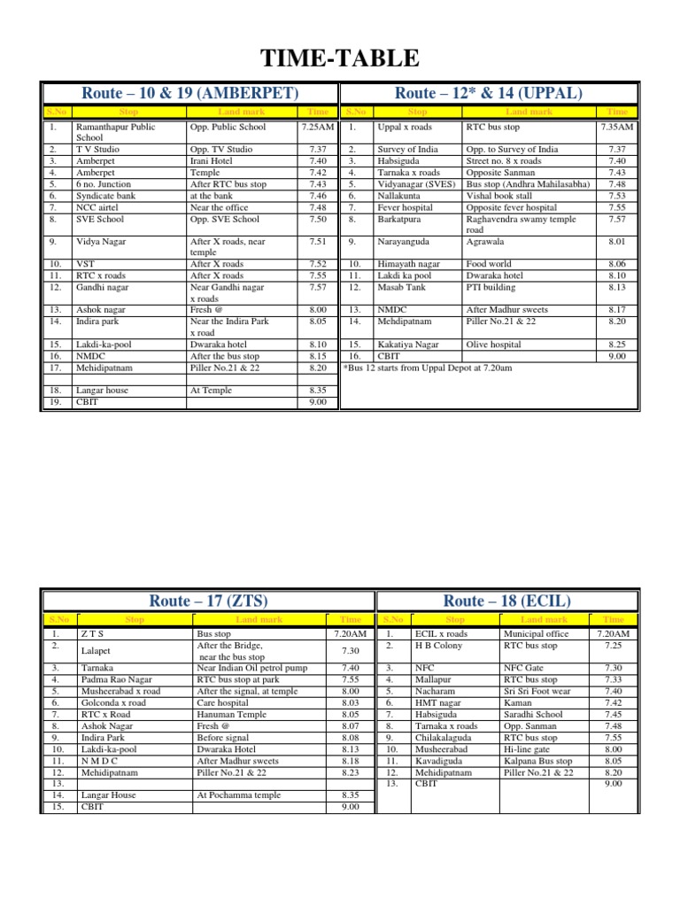 Cbit Buses Time Table | Bus Transport | Public Transport