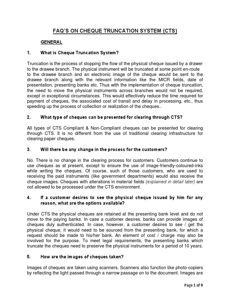 CTS Cheque Truncation System FAQs | PDF | Cheque | Computing