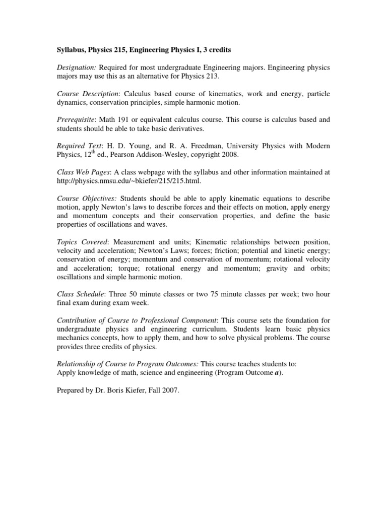 Syllabus, Physics 215, Engineering Physics I, 3 Credits | PDF ...
