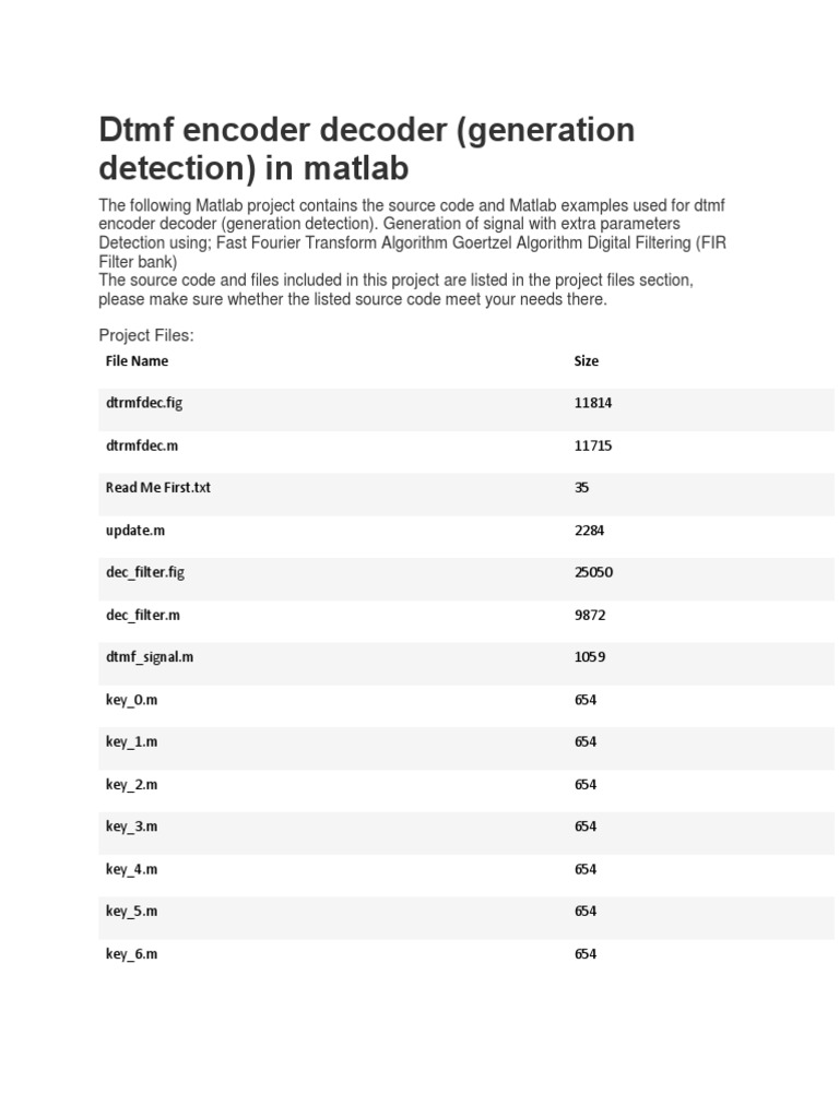 Dtmf Encoder Decoder Generation Detection In Matlab Project Files Pdf 2564