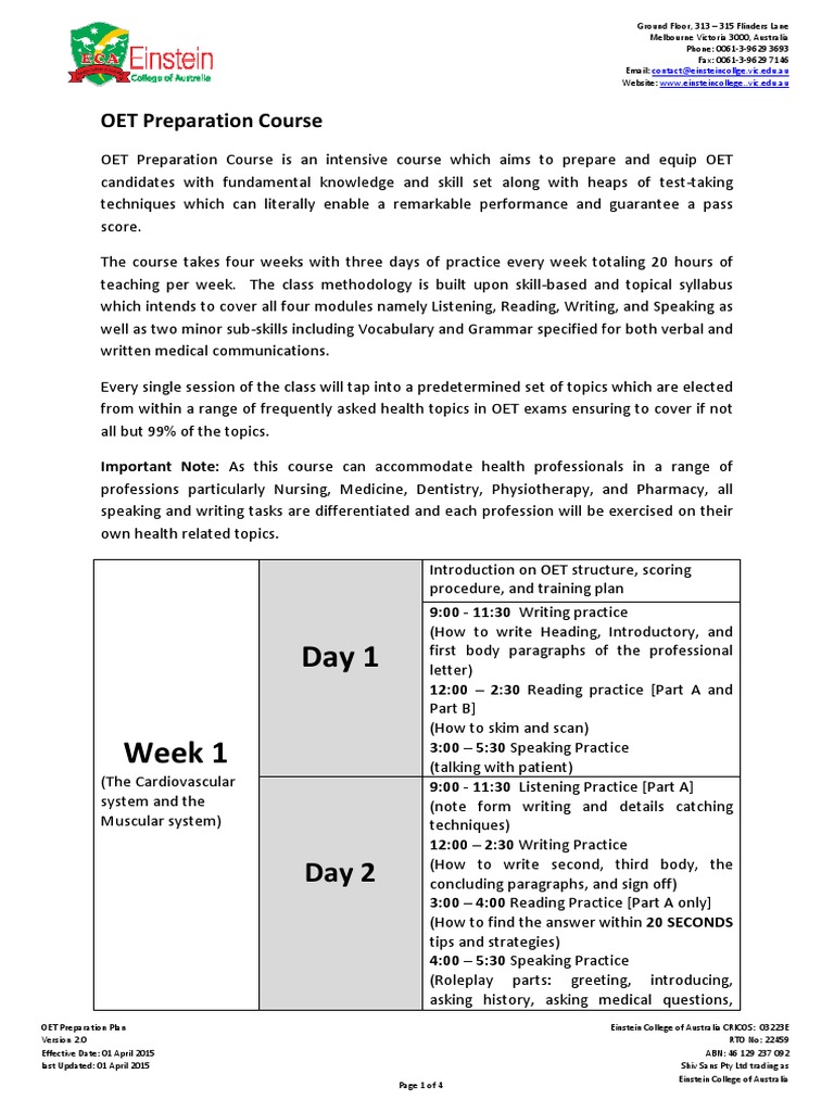OET Preparation Plan - OET Intensive Training | Health Care | Public Health