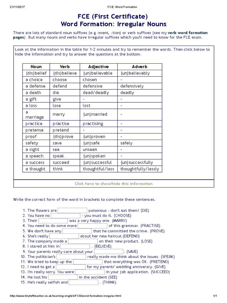 FCE_ Word Formation | Verb | Noun