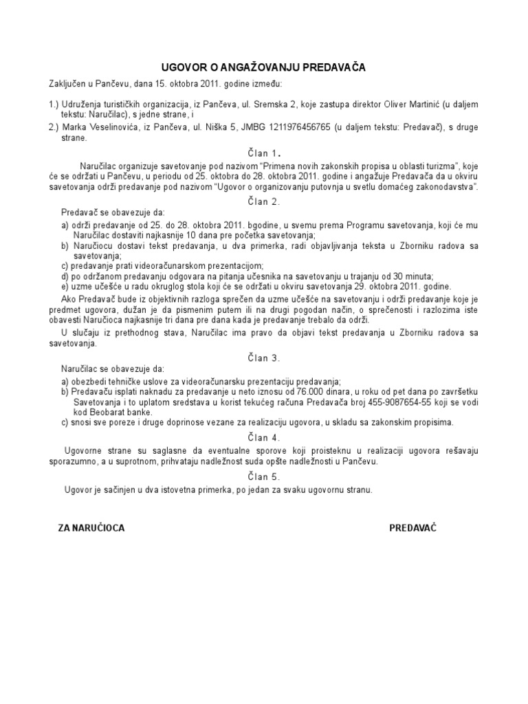 Ugovor o Angazovanju Predavaca | PDF