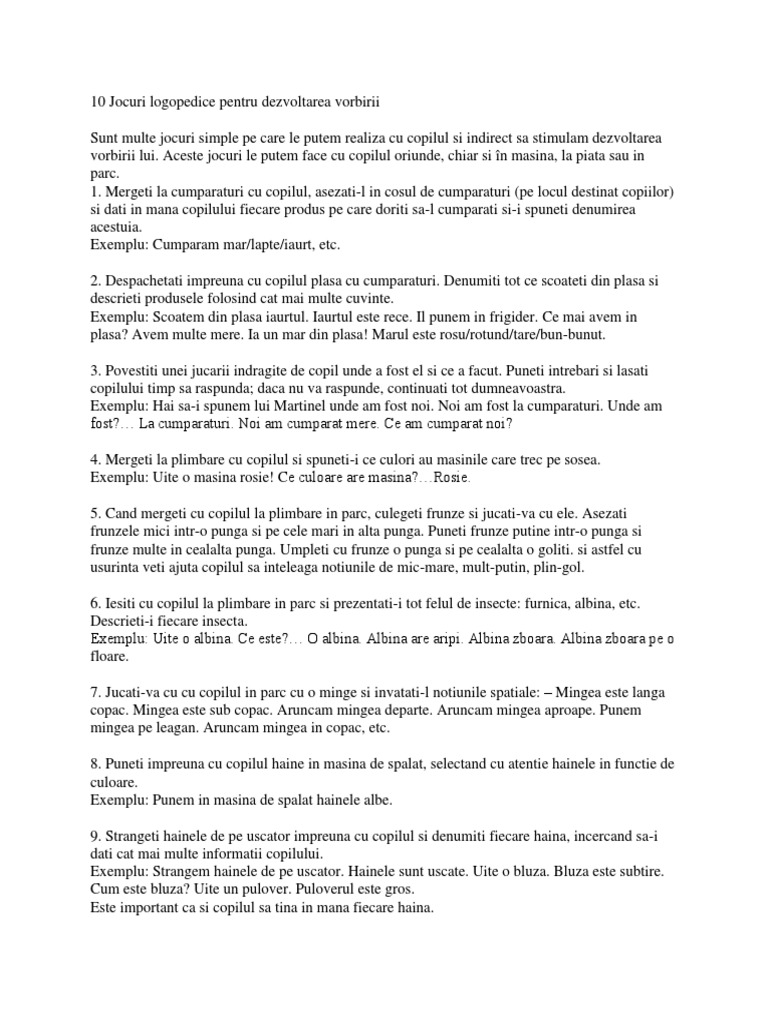 10 Jocuri Logopedice Pentru Dezvoltarea Vorbirii | PDF