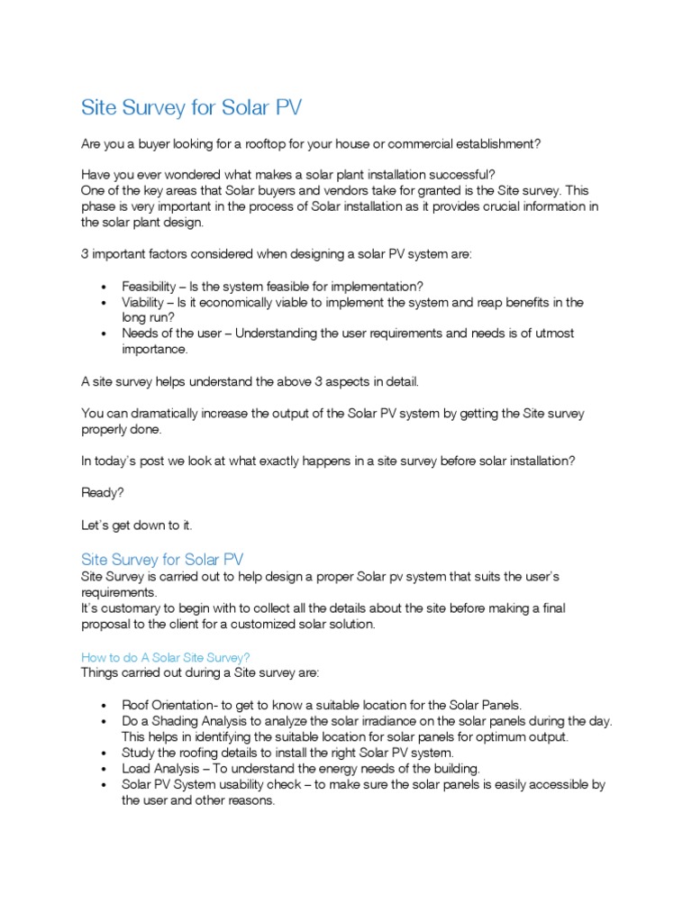 Site Survey For Solar PV | PDF | Photovoltaic System | Solar Power