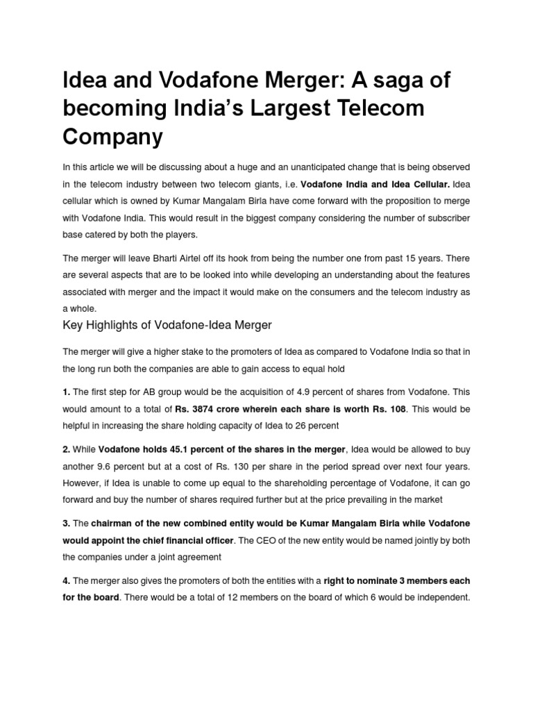 Vodafone-Idea Merger: Telecom Revolution | PDF | Mergers And ...