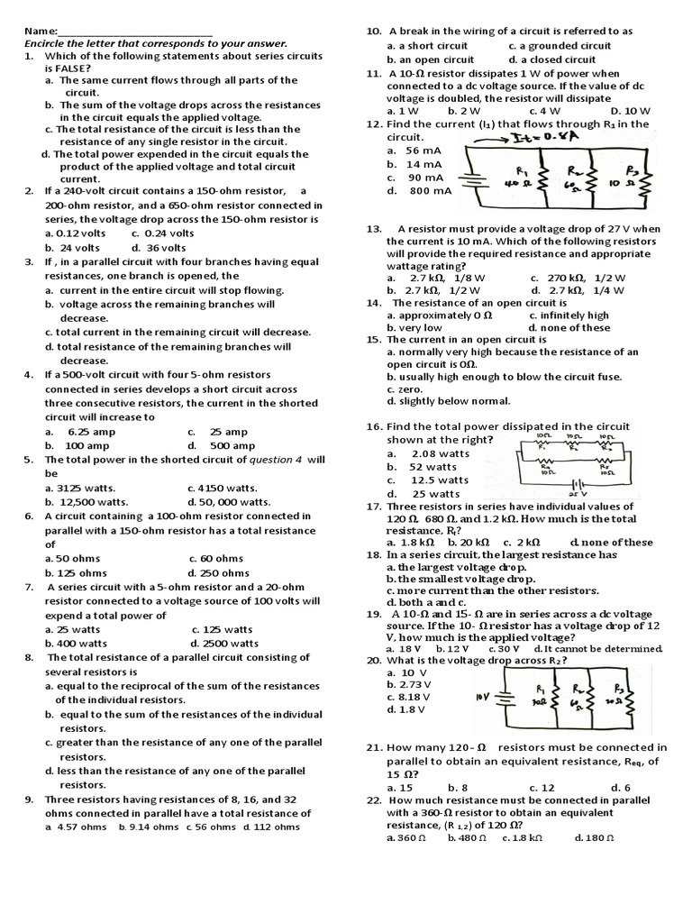 Quiz-Ohms Law-Series and Parallel | PDF | Series And Parallel Circuits ...