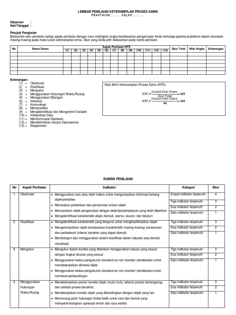Contoh Instrumen Penilaian Keterampilan Proses Sains | PDF