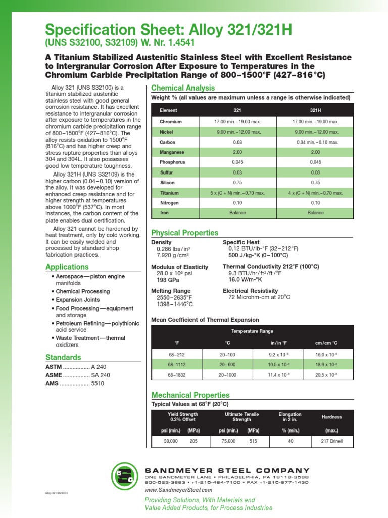 Specification Sheet: Alloy 321/321H: (UNS S32100, S32109) W. Nr. 1.4541 ...
