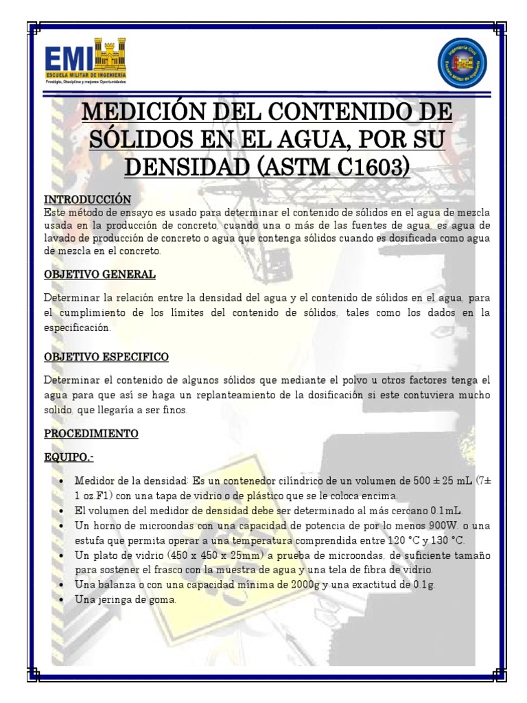 Medición de Sólidos en Agua (ASTM C1603) | PDF | Densidad | Lentes