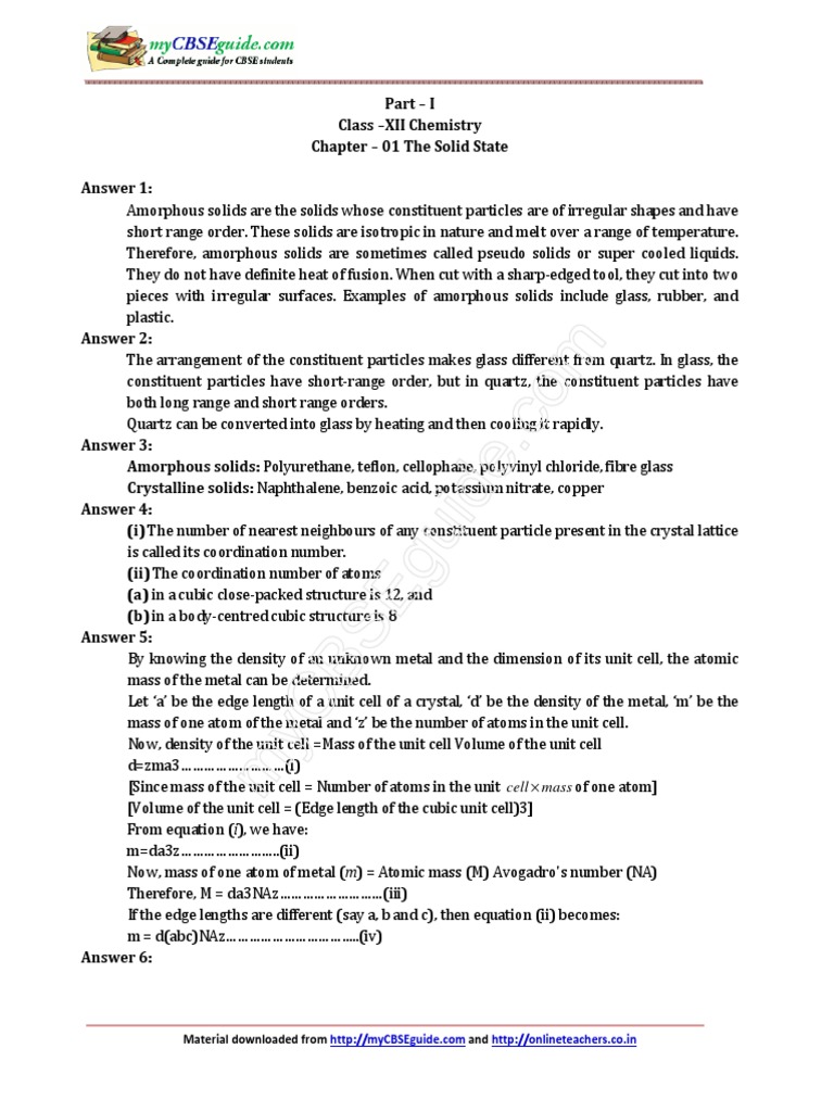 Part - I Class - XII Chemistry Chapter - 01 The Solid State: Material Downloaded From and | PDF ...