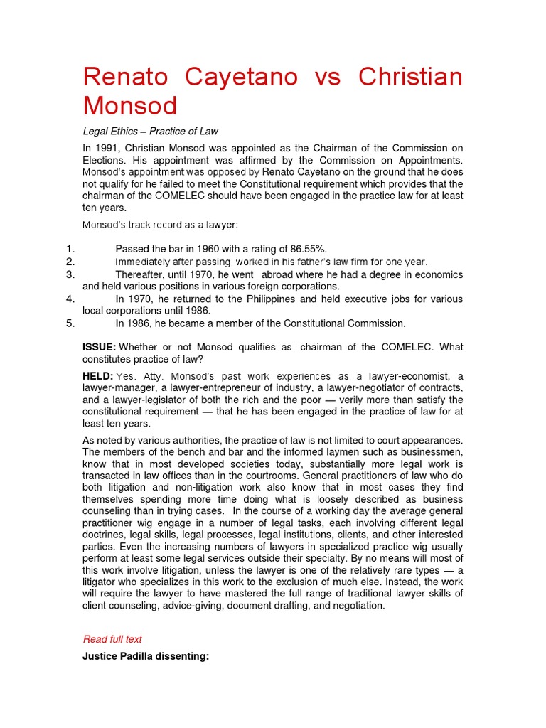Renato Cayetano Vs Christian Monsod: Legal Ethics - Practice of Law ...