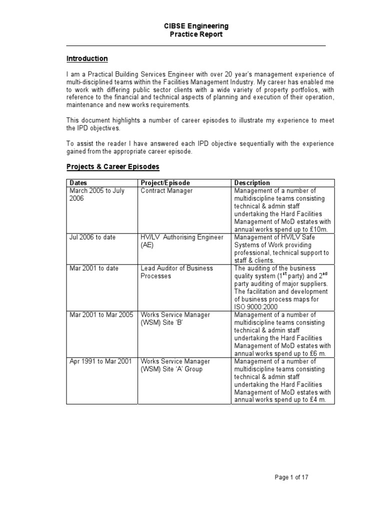 CIBSE Engineering Practice Report: Dates Project/Episode Description ...