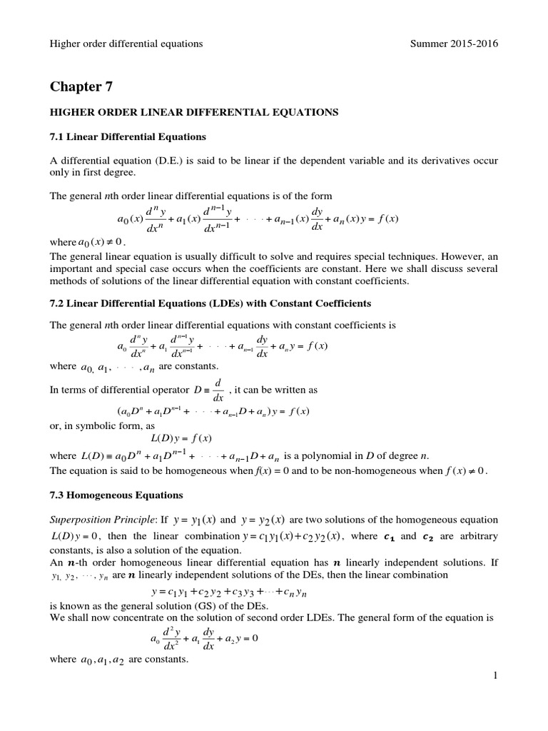 Chapter 7 (Higher Order De) | PDF | Ordinary Differential Equation ...