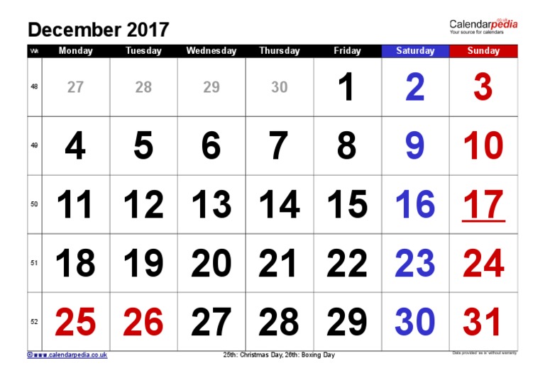 Calendar December 2017 Large Numerals | PDF