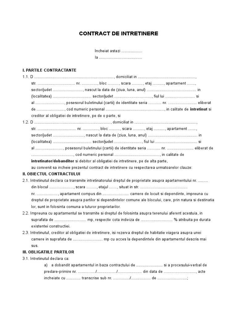 Model Contract de Intretinere (Cu Drept de Habitatie Viagera ...