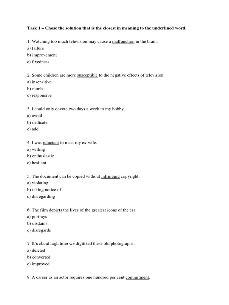 Task 1 Chose The Solution That Is The Closest In Meaning To The