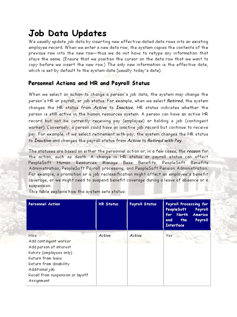 Job Data Updates: Personnel Actions and HR and Payroll Status | PDF ...