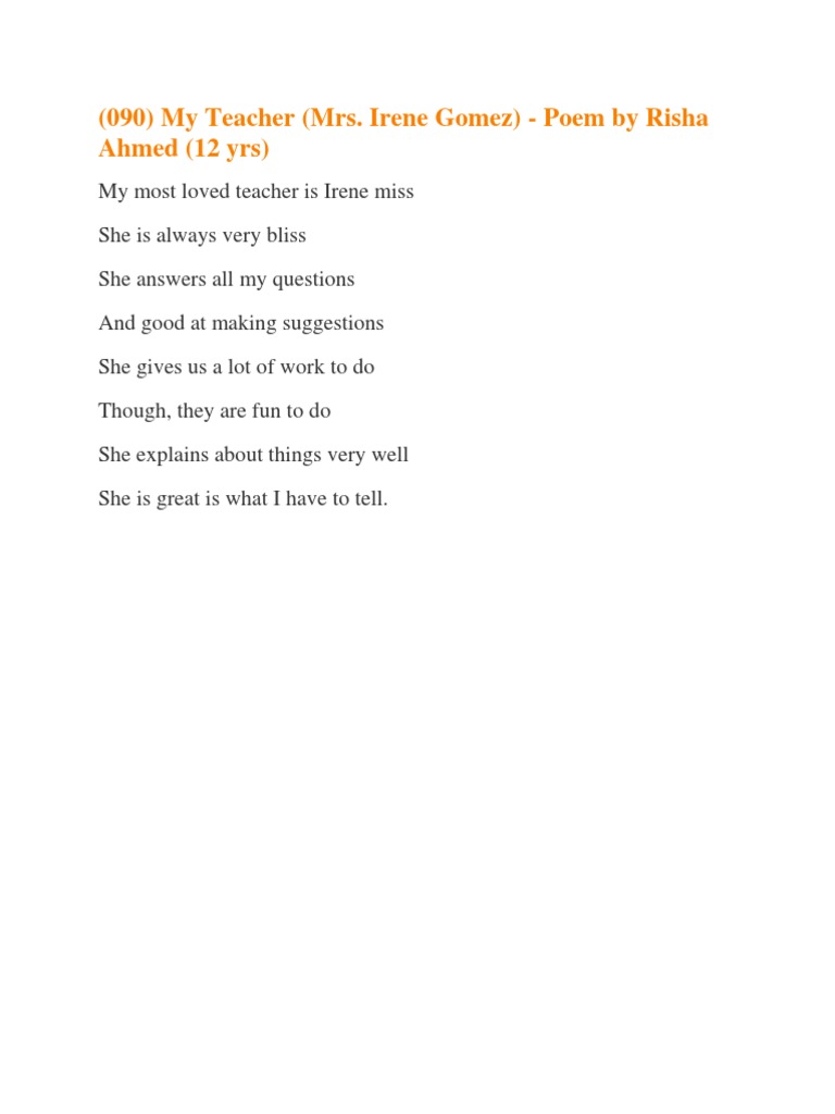 My Teacher (Mrs. Irene Gomez) - Poem by Risha Ahmed (12 Yrs) | PDF