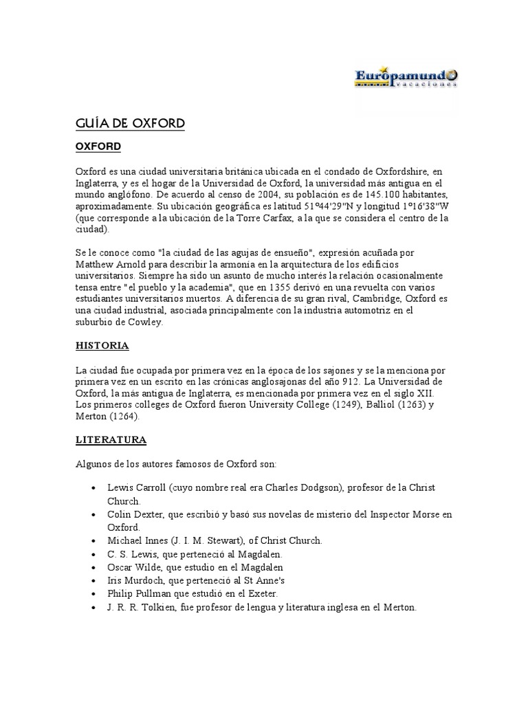 Guía Completa de Oxford y su Universidad | PDF | Universidad de Oxford ...