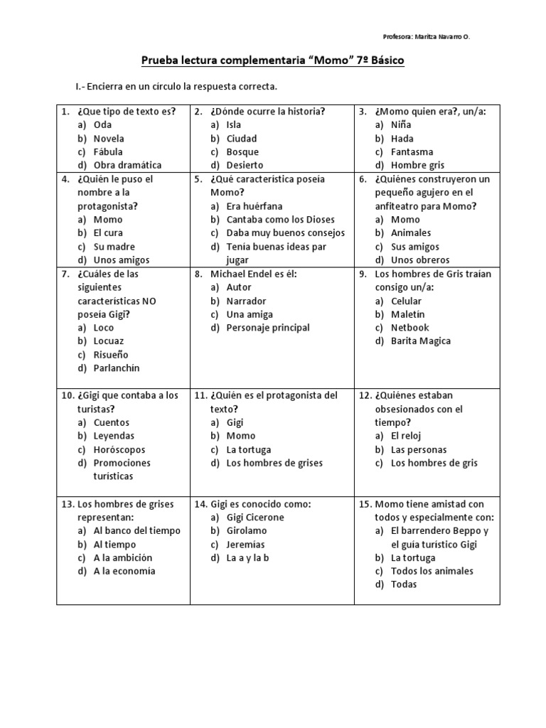 Prueba de lectura sobre la novela "Momo | PDF | Ocio